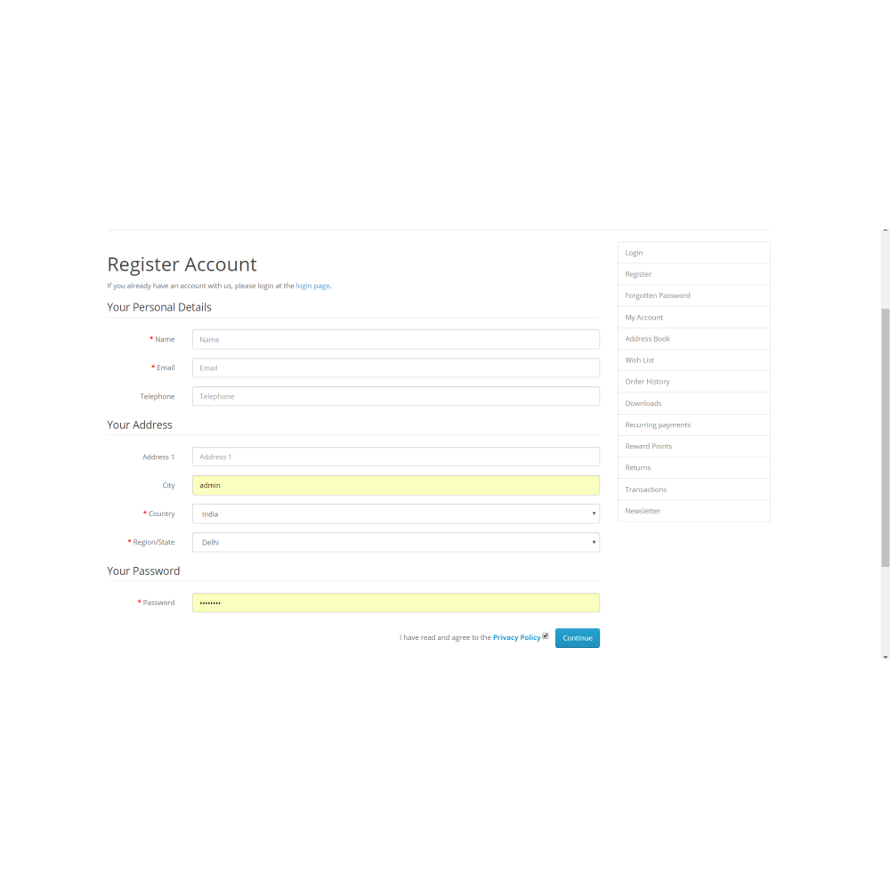 OpenCart Register Form Manager- Quick Signup Module